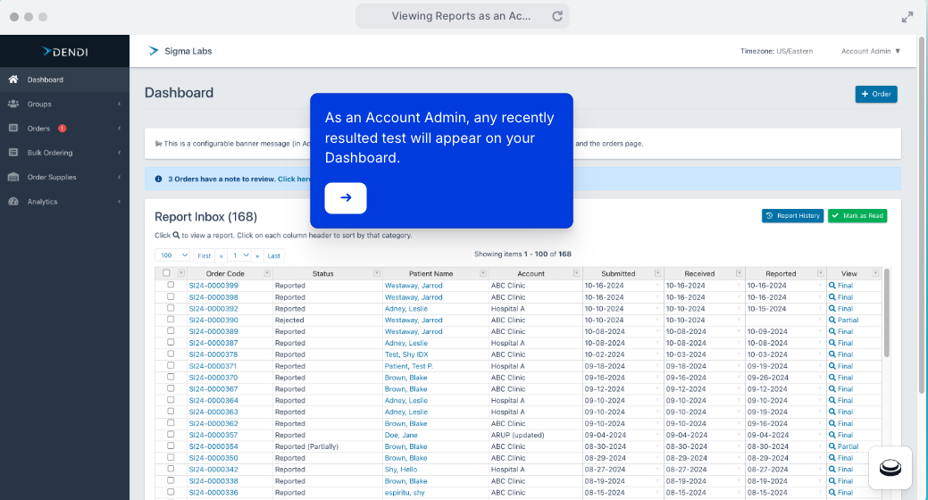 Accessing and Managing Test Results as an Account Admin – Dendi